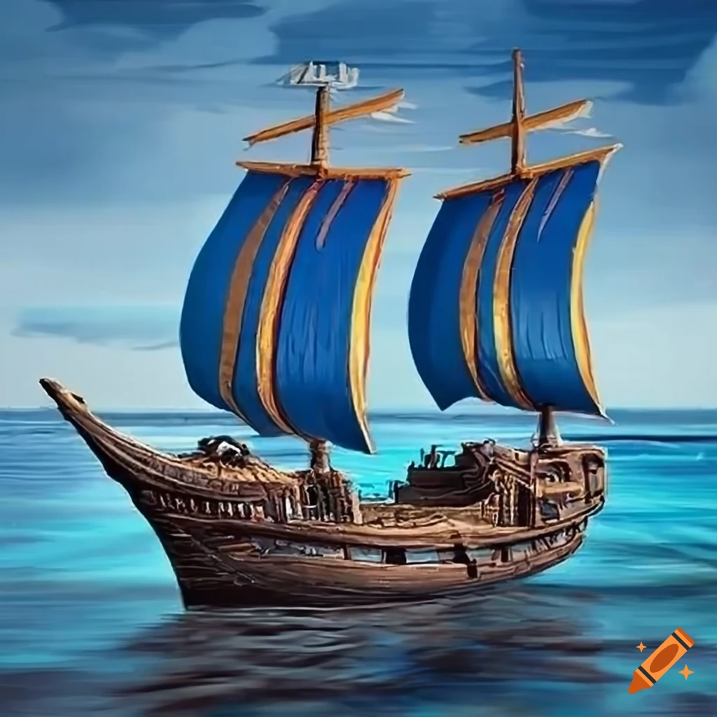 Illustration of a blue passenger sailing ship