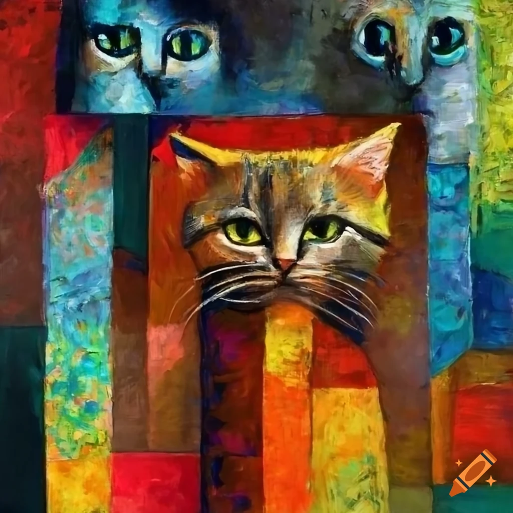 Cubist painting of crowded cats with vibrant colors