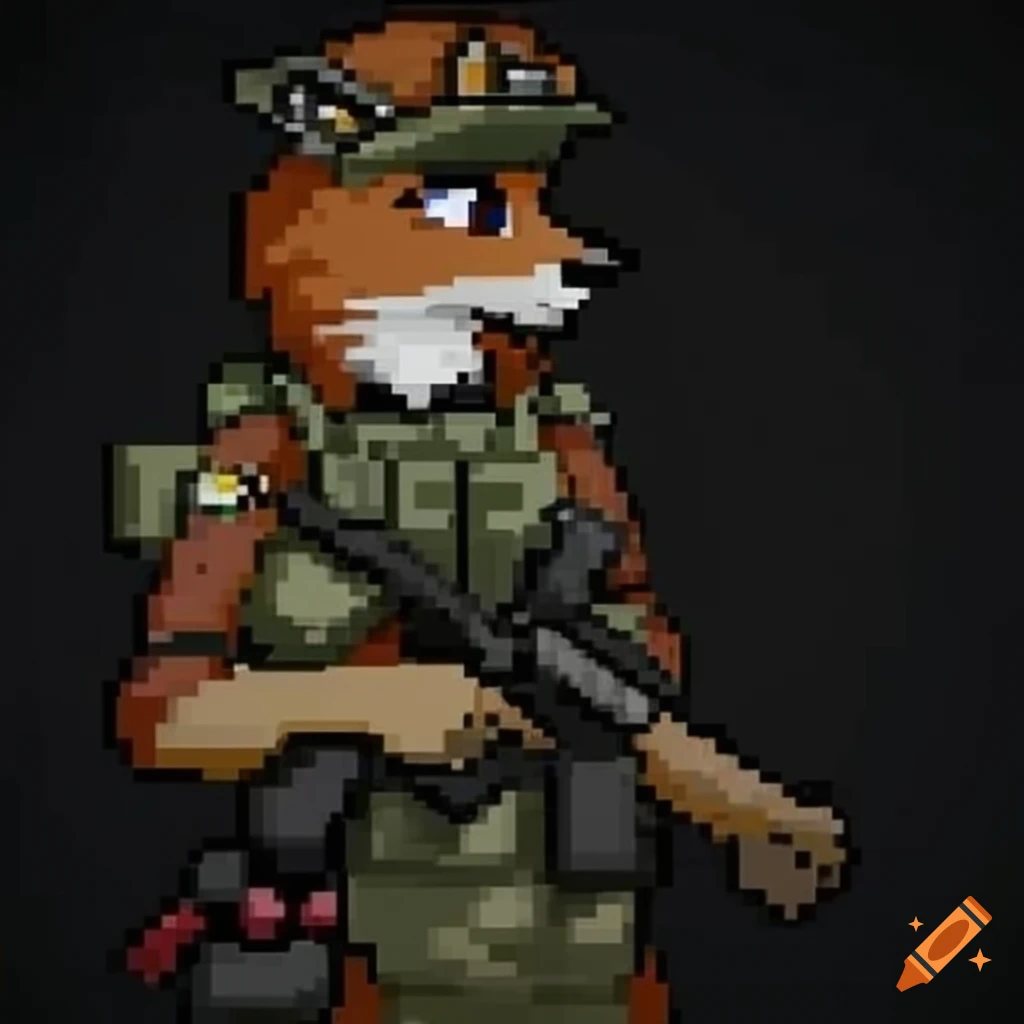 Pixel art of a female anthro red fox in military attire