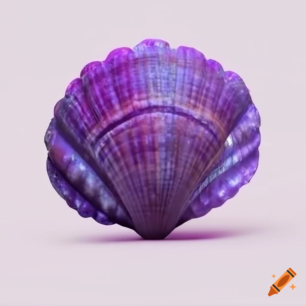 Purple seashell with glitter on white background