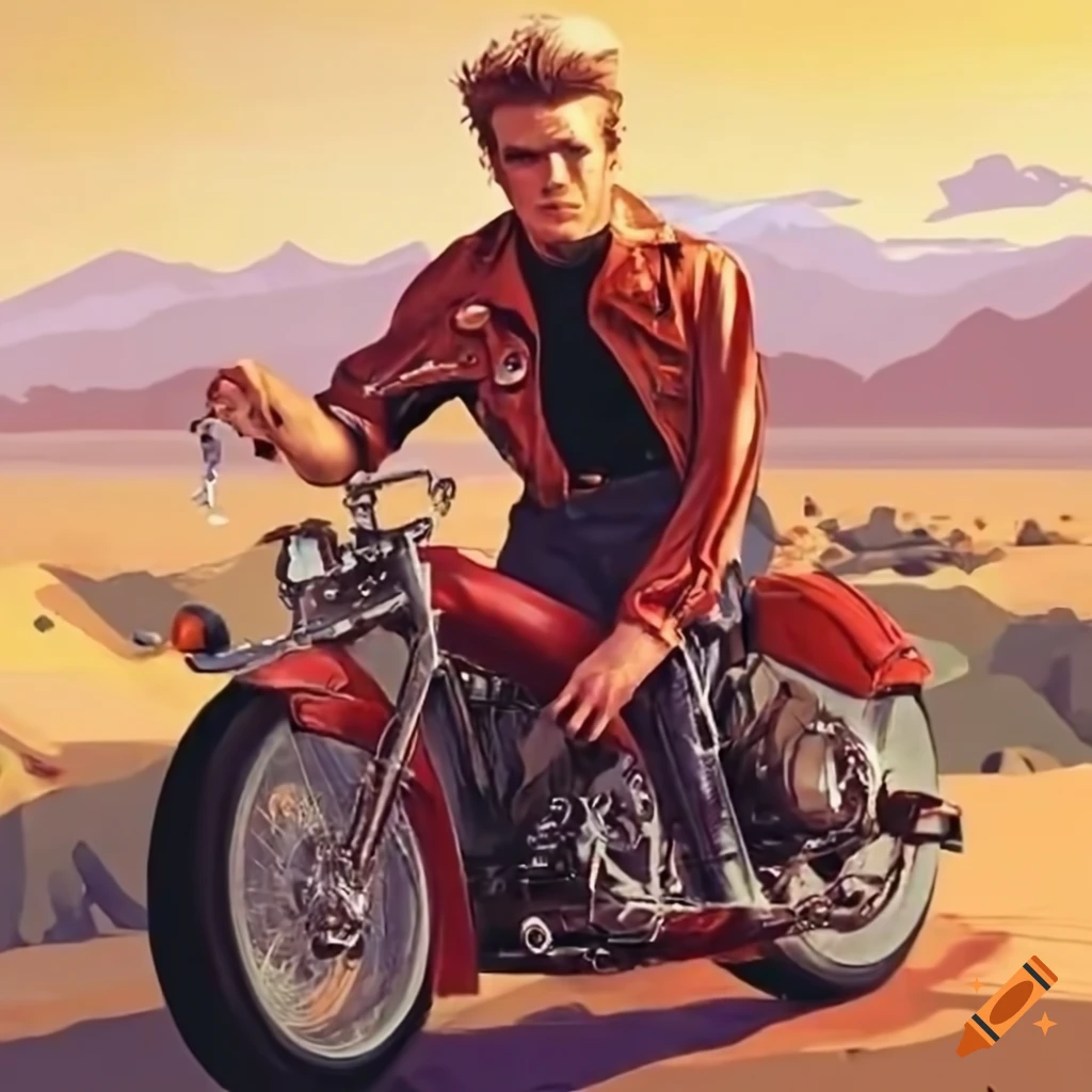 James Dean on a Harley Davidson Motorcycle in the desert on Craiyon
