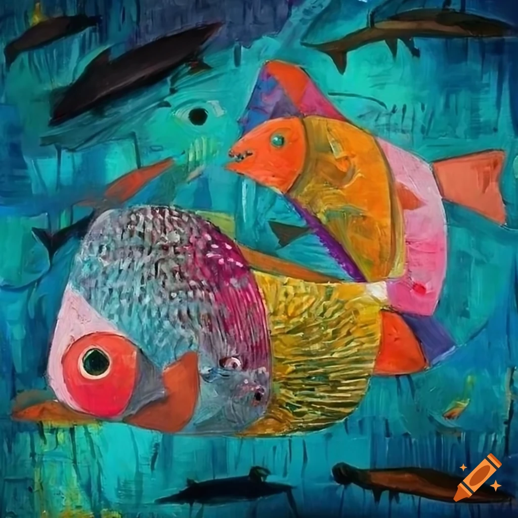 Cubist painting with colorful fish