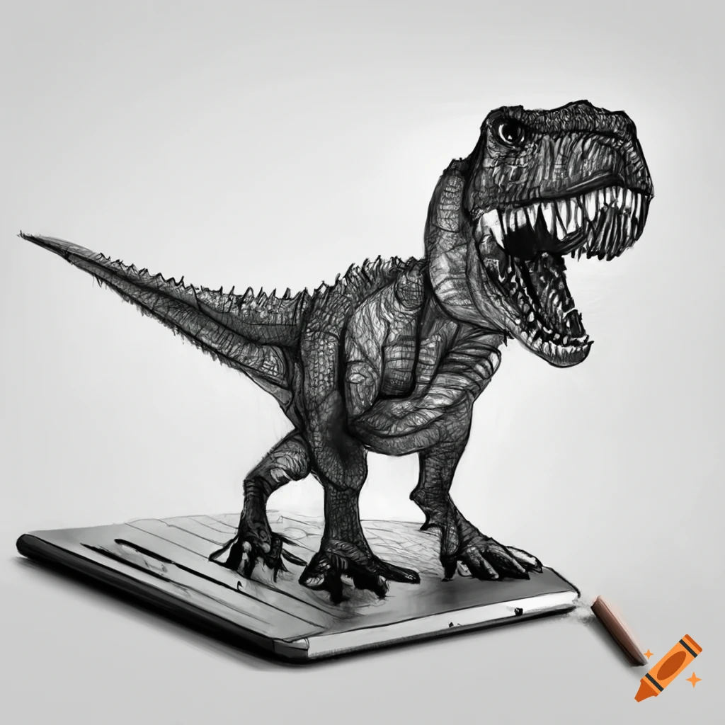 Sketch of a T-Rex using a laptop on Craiyon