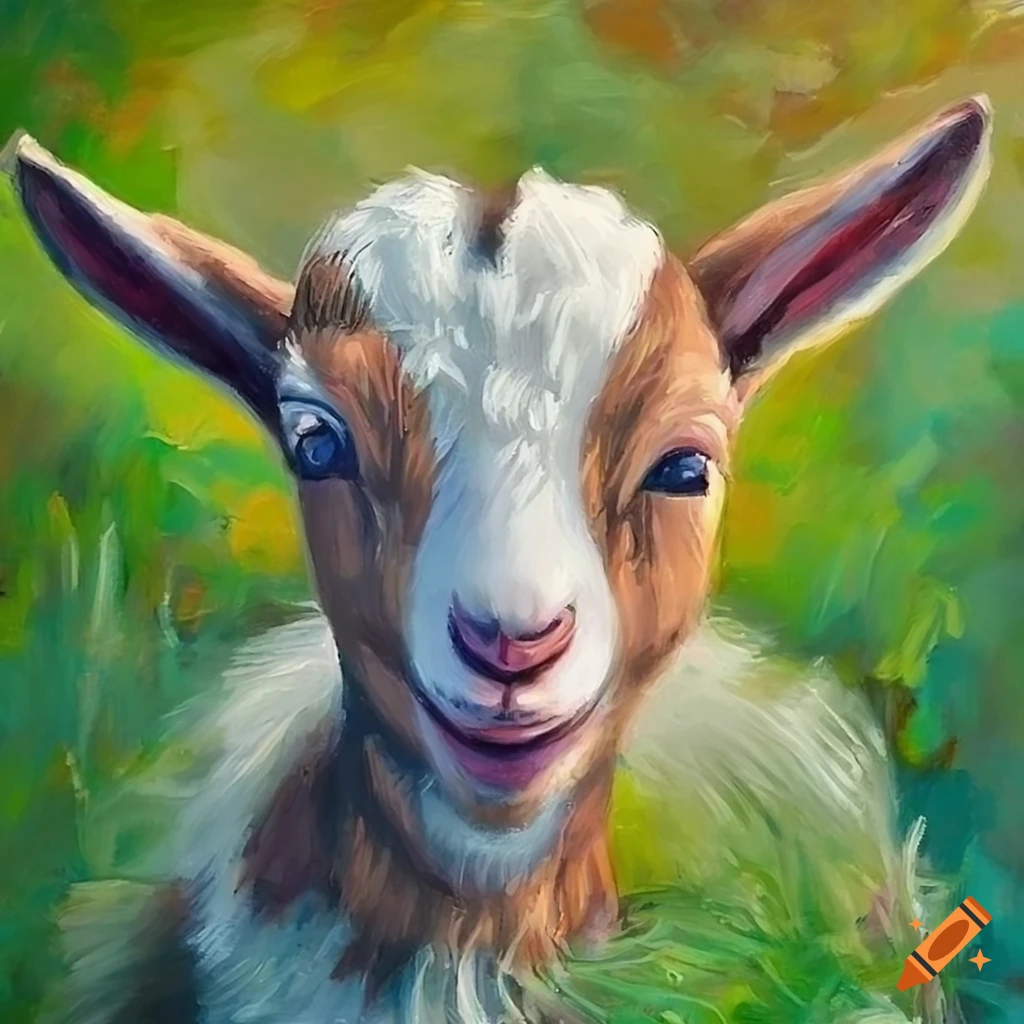 Oil painting of a playful pygmy goat in a grassy field on Craiyon
