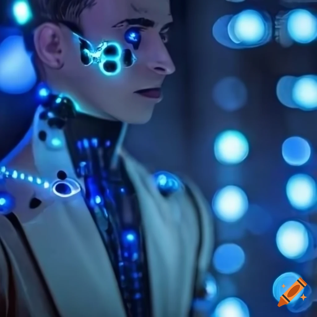 Detailed image of a 1920s male cyborg with blue led lights on Craiyon