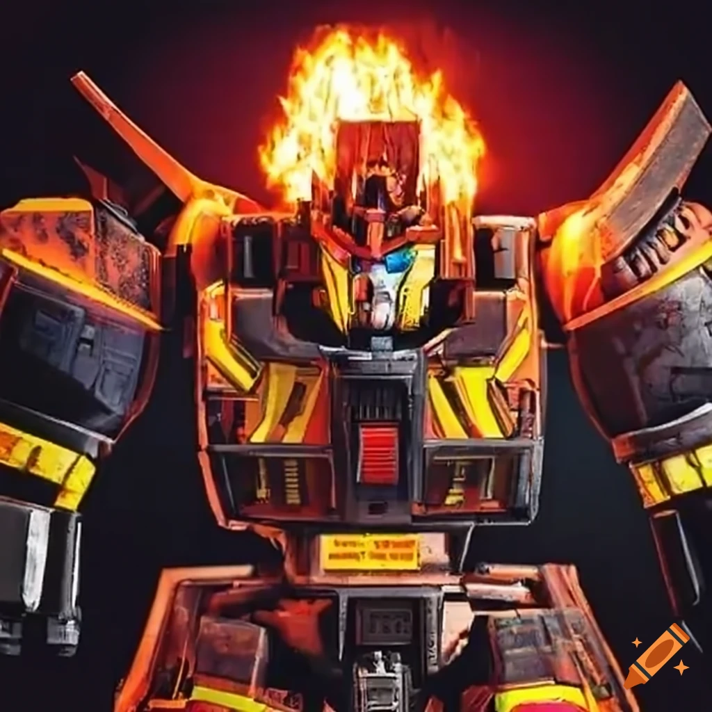 Transformer firefighter with flames in the background