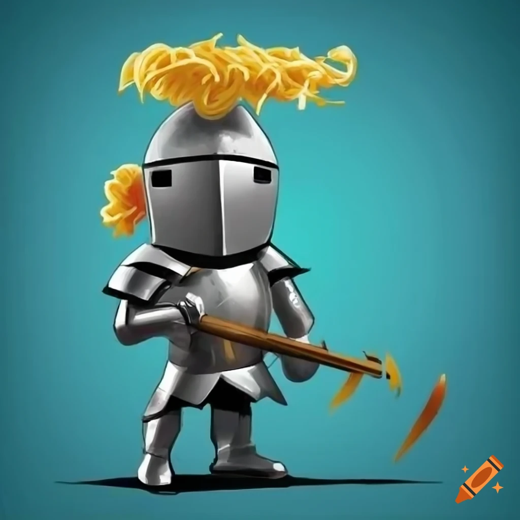Satirical artwork of a knight with pasta on his head