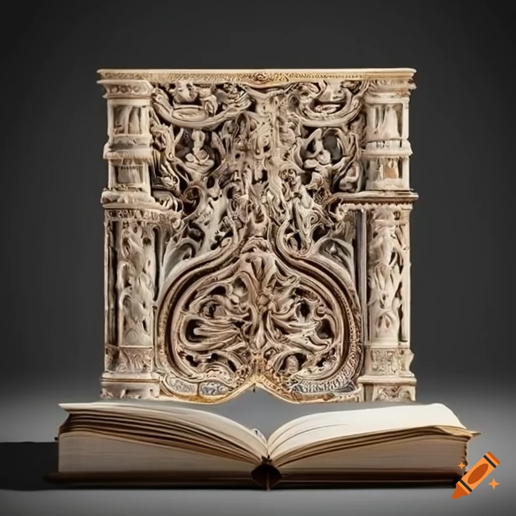 Marble sculpture of an open book with intricate carvings