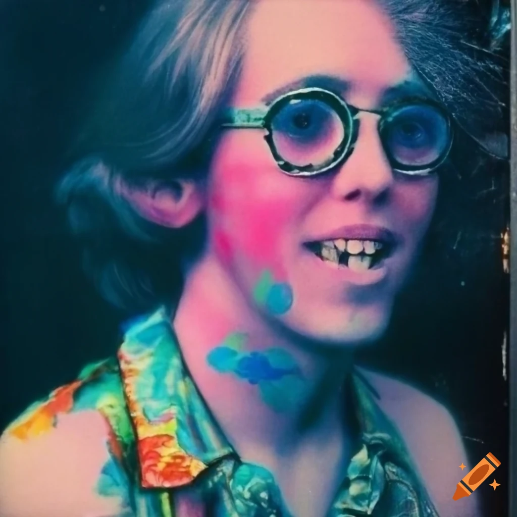 Vibrant polaroid portrait of a 70's psychedelic student on Craiyon