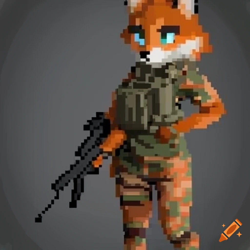 Pixel art of a female anthro red fox in military attire on Craiyon