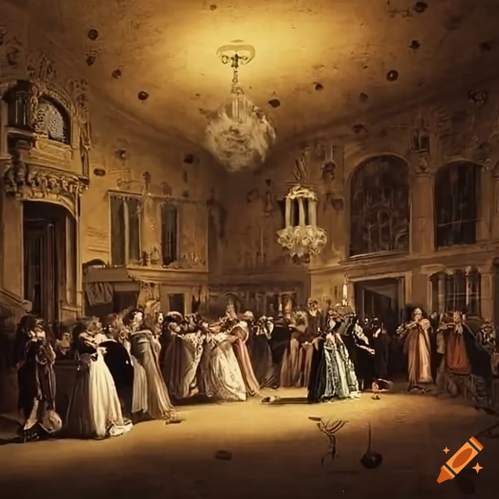 People dancing inside a 19th century castle on Craiyon