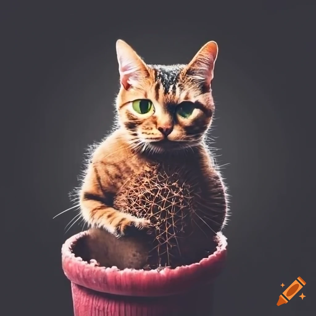 Funny image of a cat with a cactus