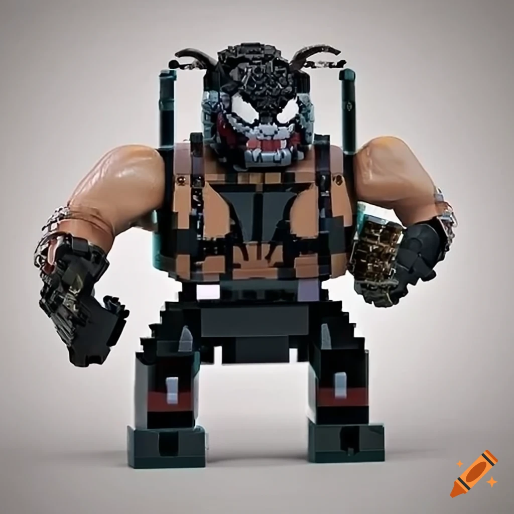 Lego packaging for bane-themed set with a unique bane head bust on Craiyon