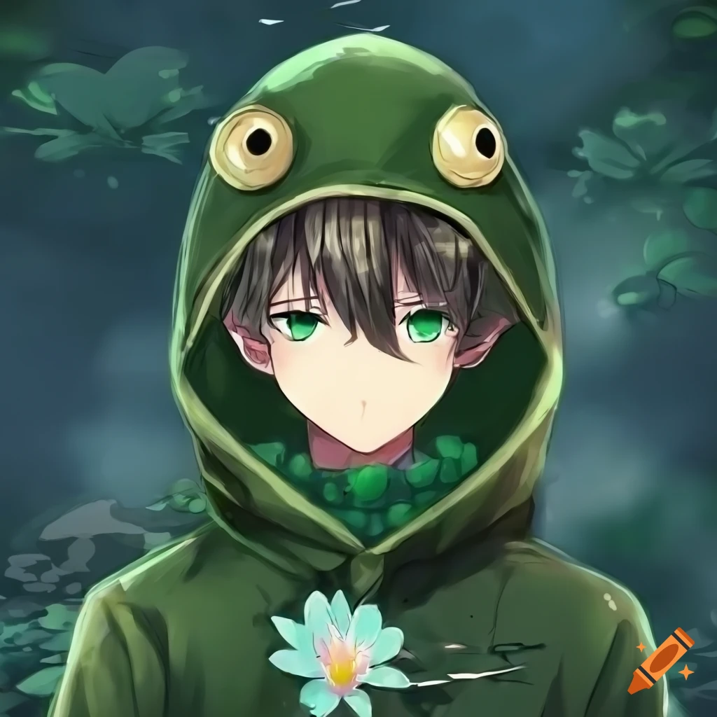 Character design of a cute frog boy in a green marine suit
