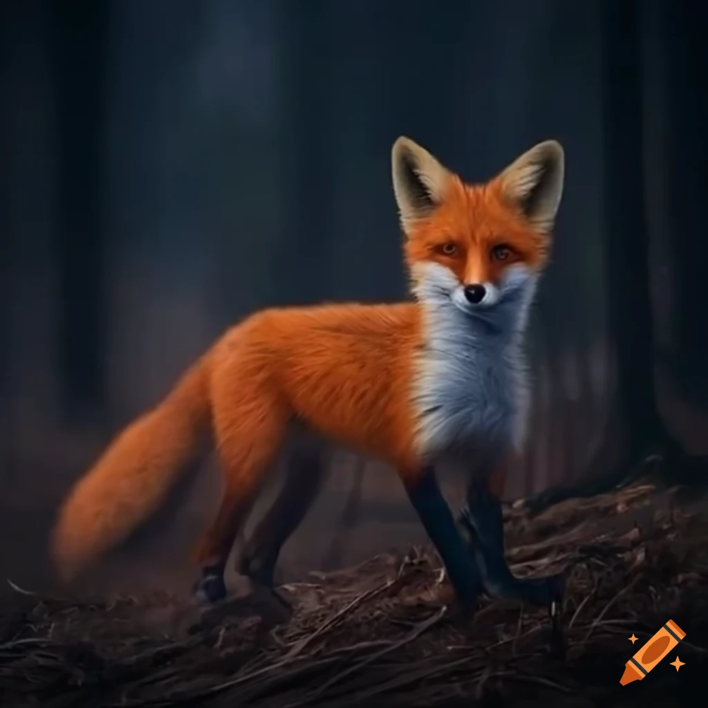 Artistic depiction of a fox running in a foggy forest