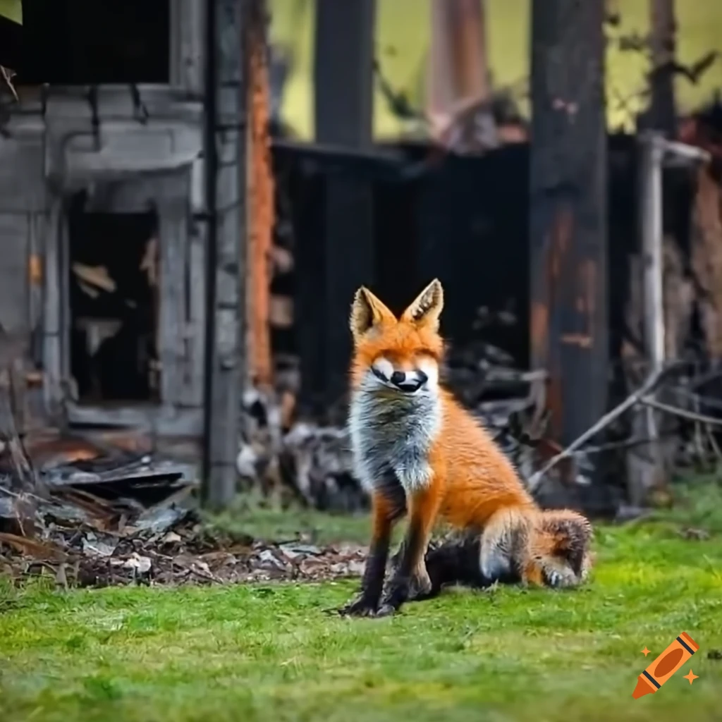A fox sitting near a burnt house in the forest