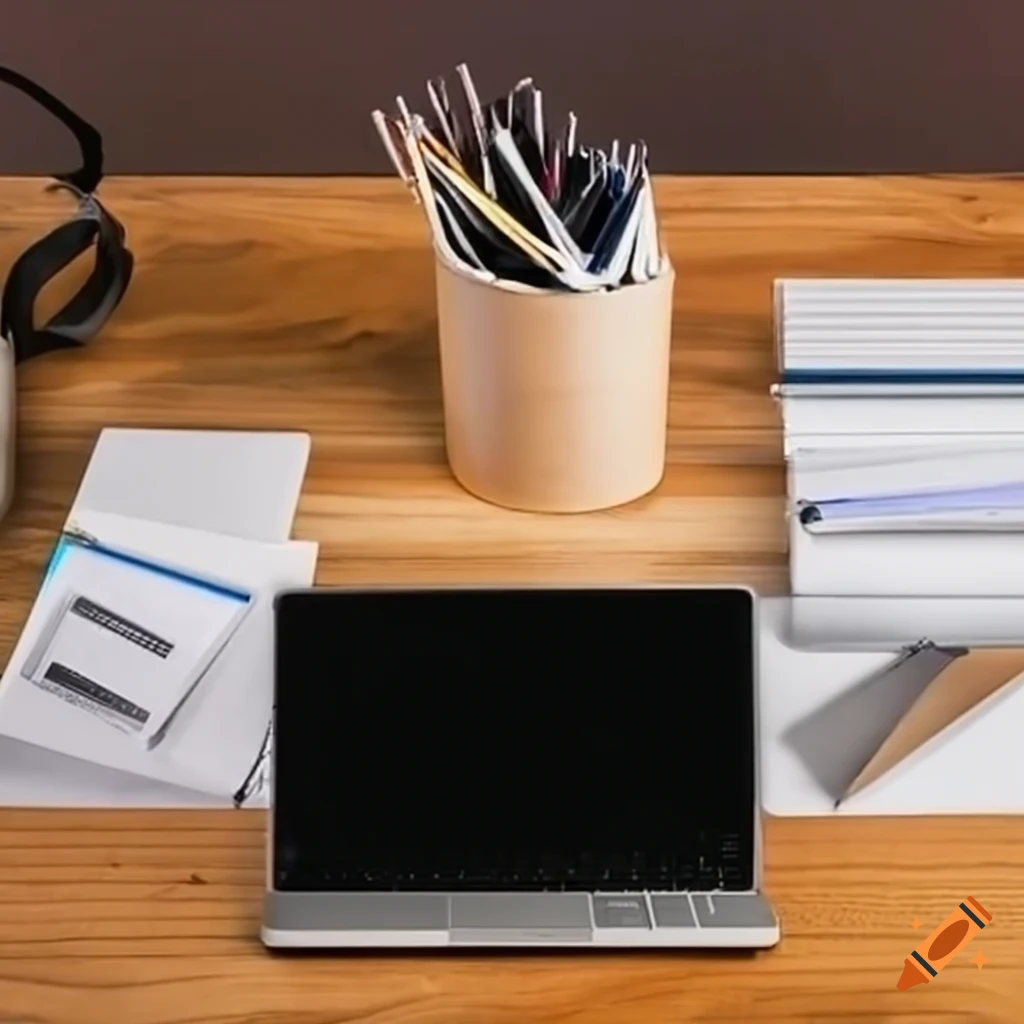 Neat workspace with laptop and documents on desk on Craiyon