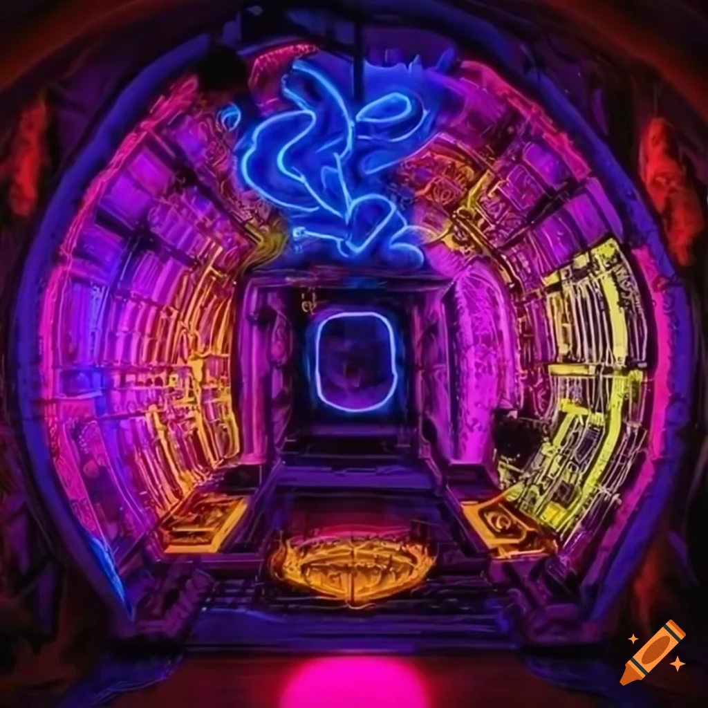 Neon artwork of a joyous machine made of people