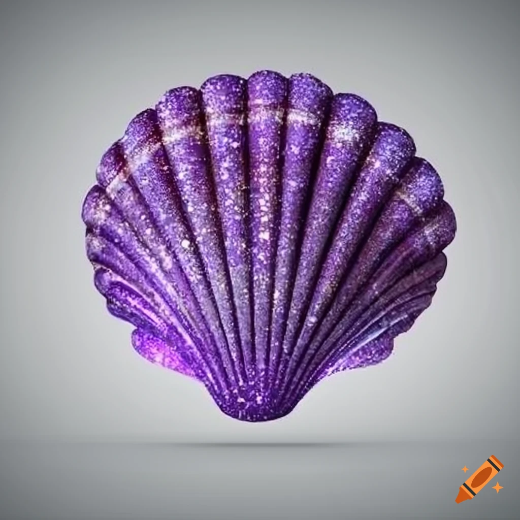Purple seashell with glitter on white background