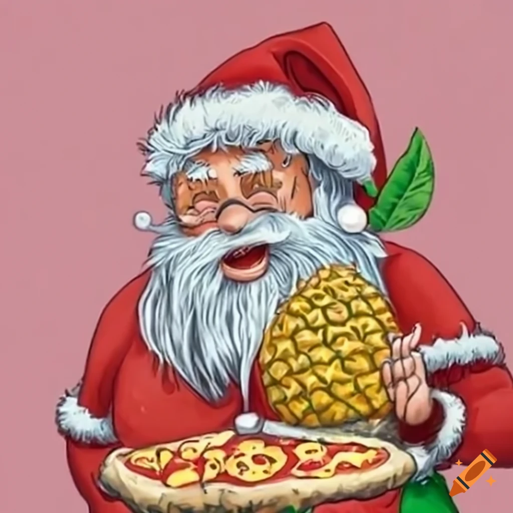 Santa claus enjoying a pineapple pizza on Craiyon