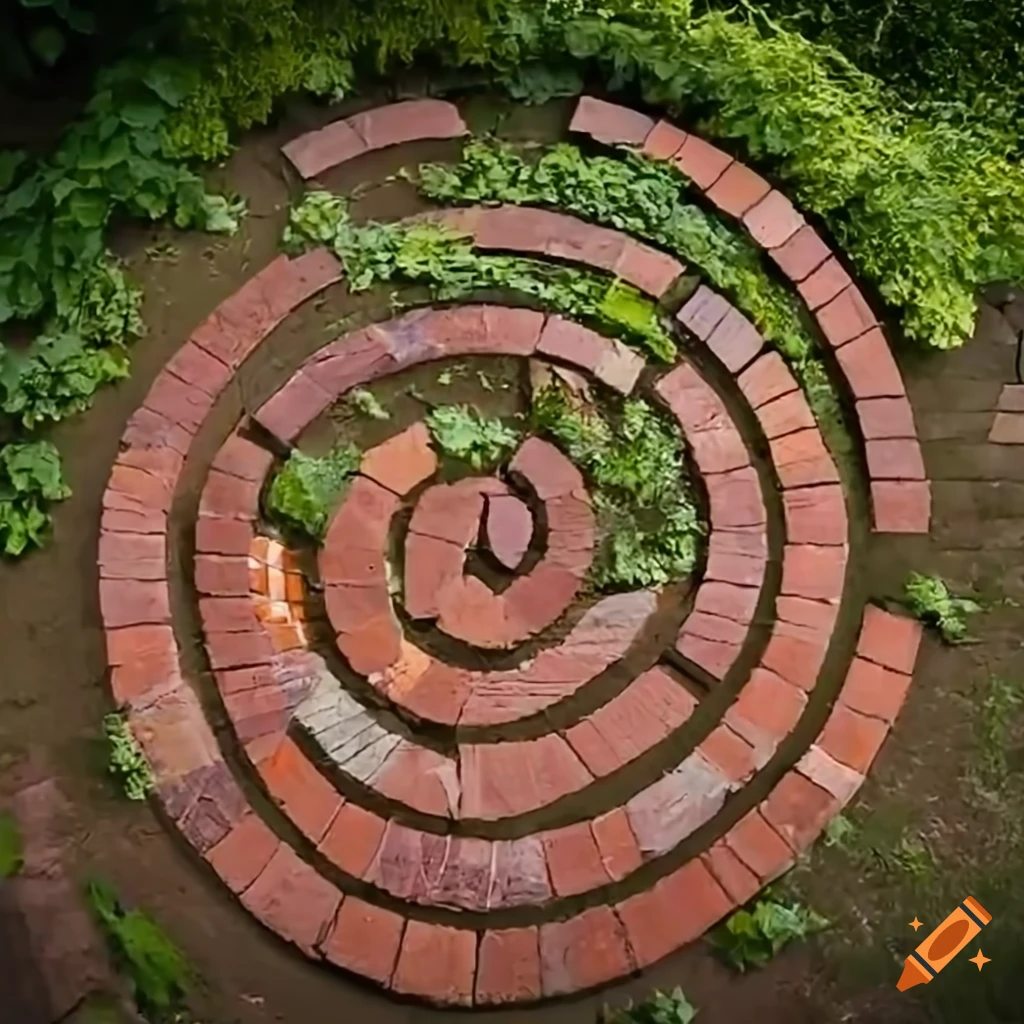 Artistic labyrinth in a garden made of bricks and flowers on Craiyon