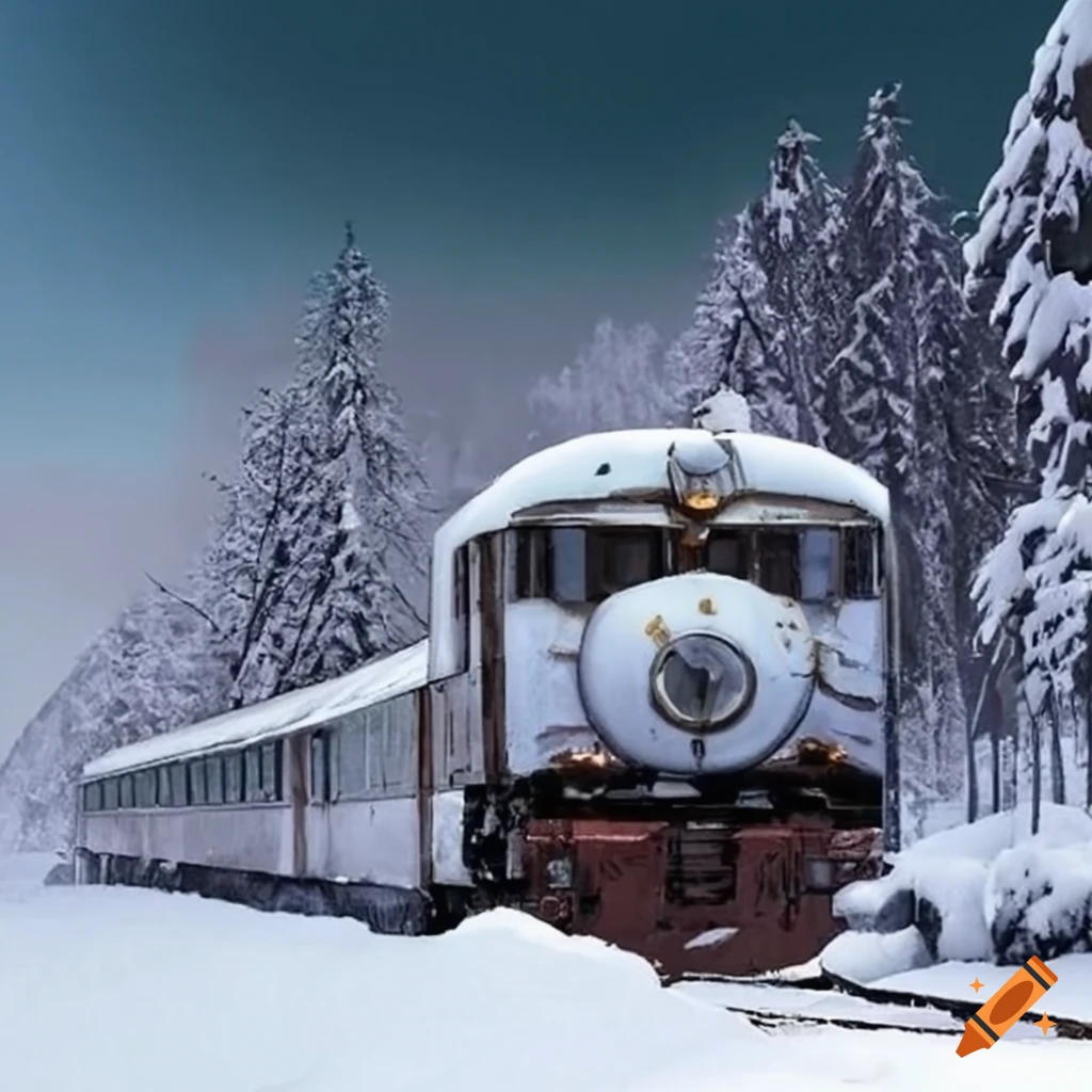 Snow-covered train on tracks