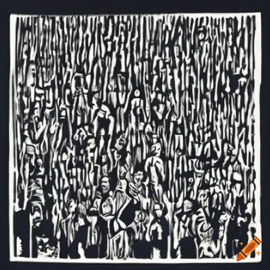 Lino print of a crowd in front of a maze