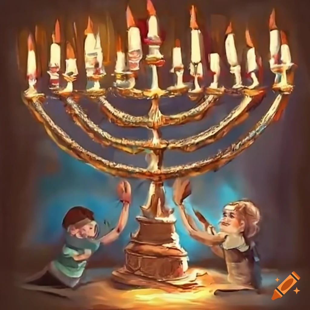 Jewish family lighting menorah candles during channukah