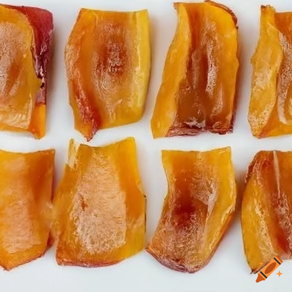 Dried mango squares on a white background
