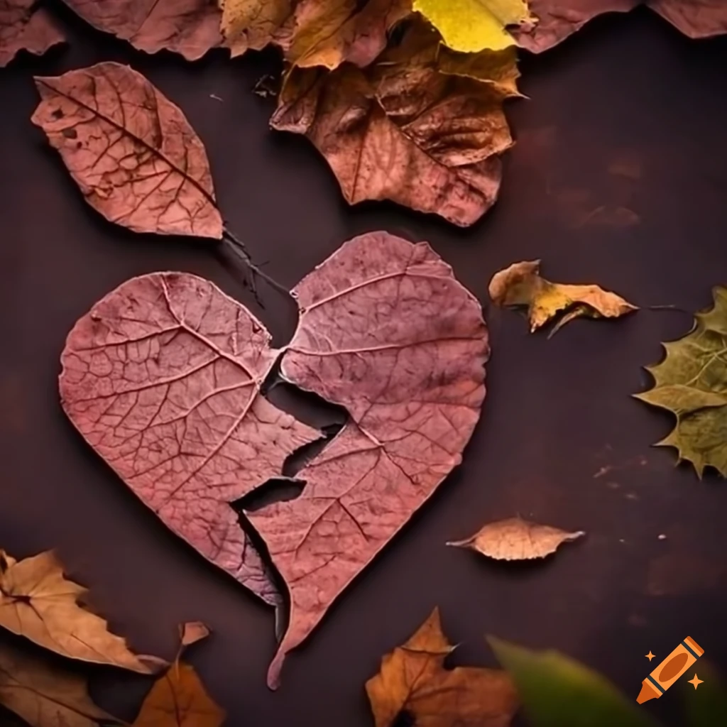 Artistic representation of a broken heart made of fallen leaves