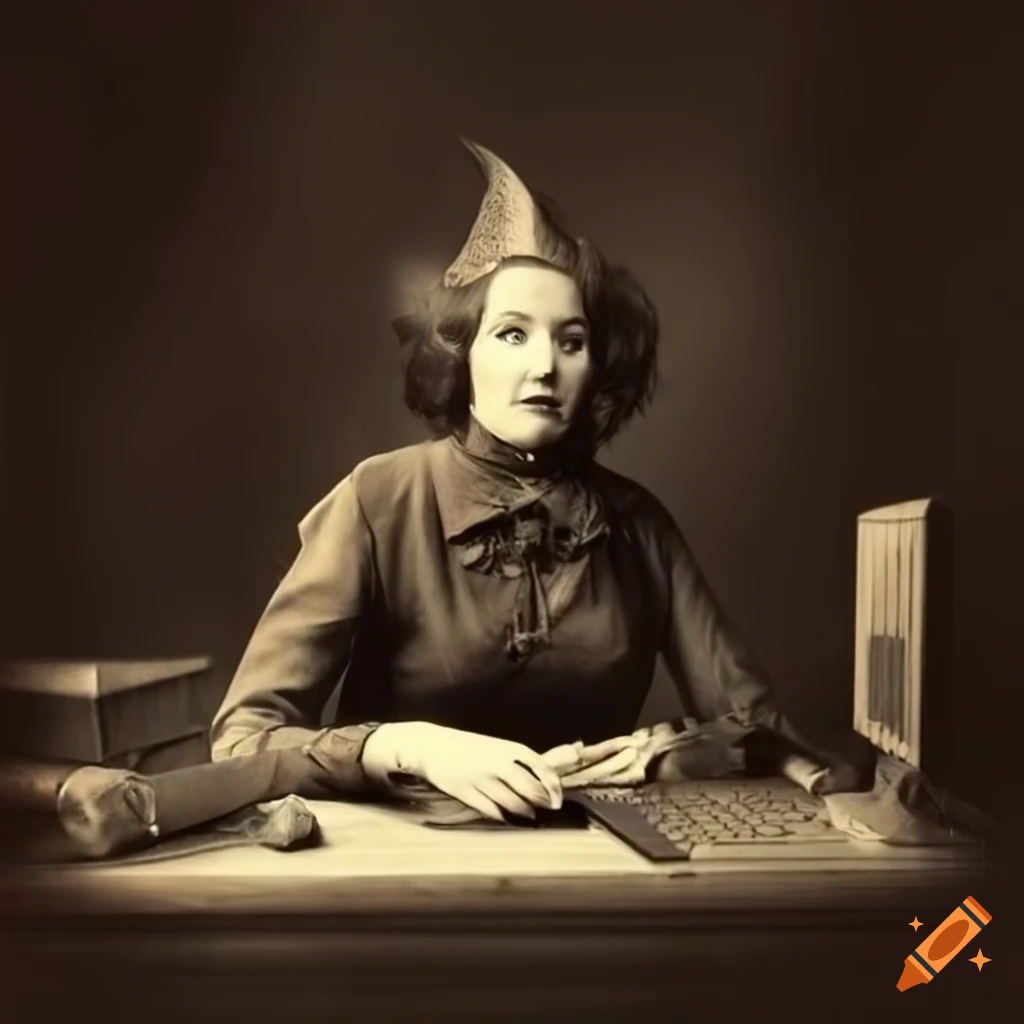 Vintage photo of a witch using a computer