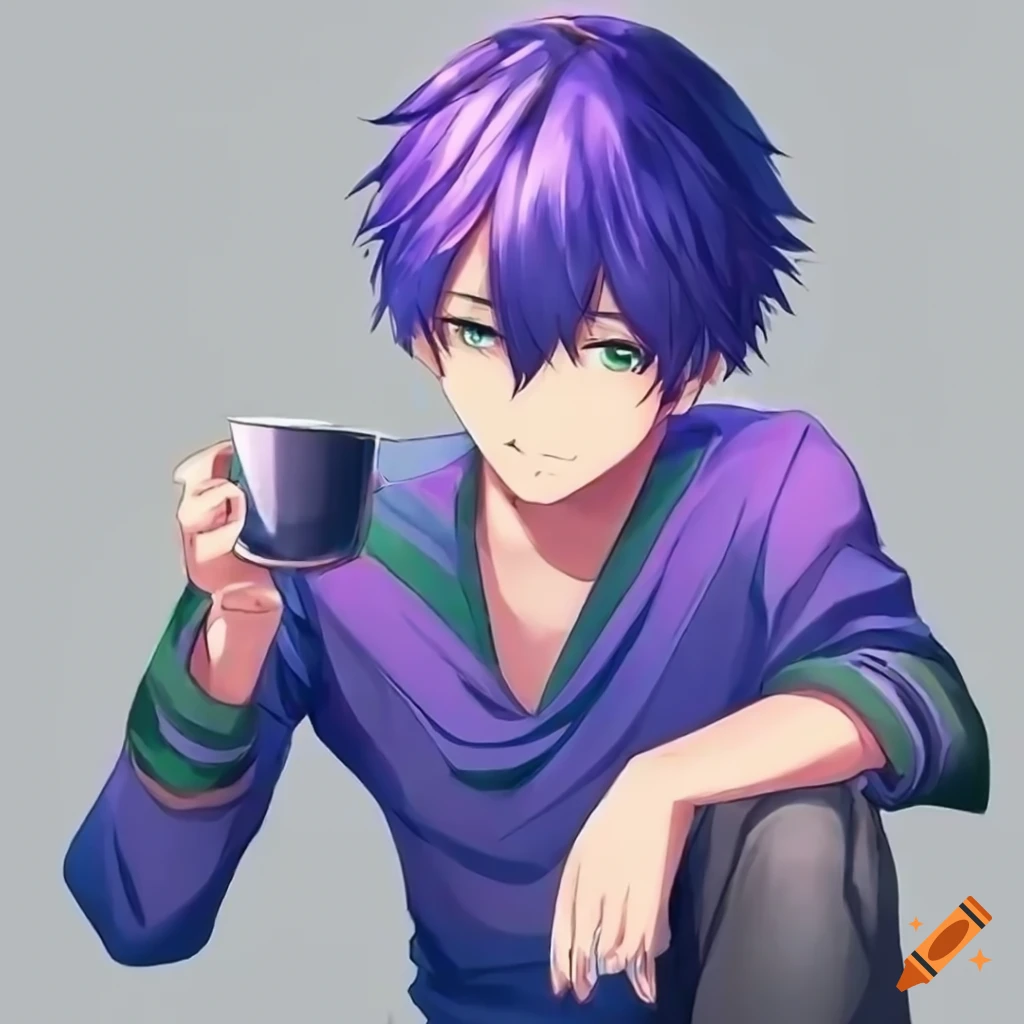 Anime boy with purple hair drinking tea