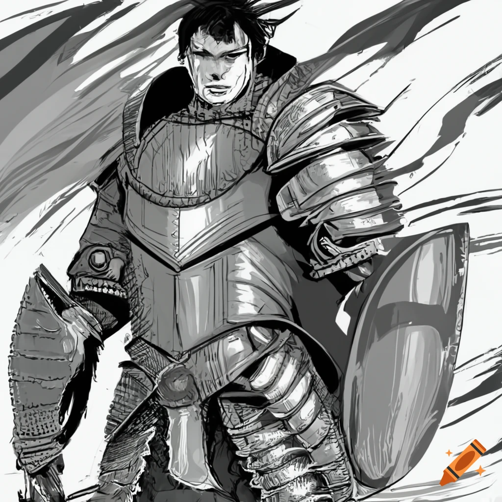 Monochrome image of a strong man in armor on Craiyon