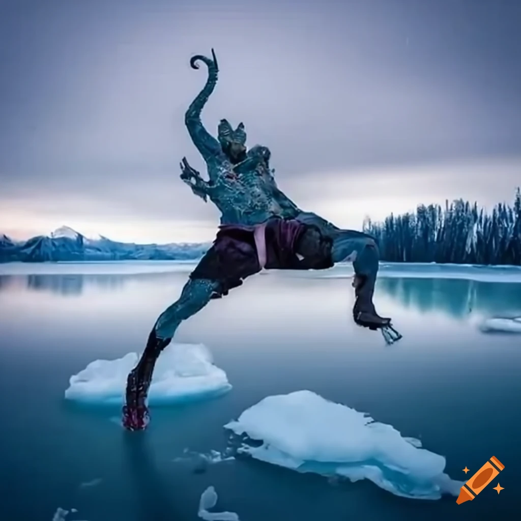 Devil ice-skating on a frozen lake on Craiyon