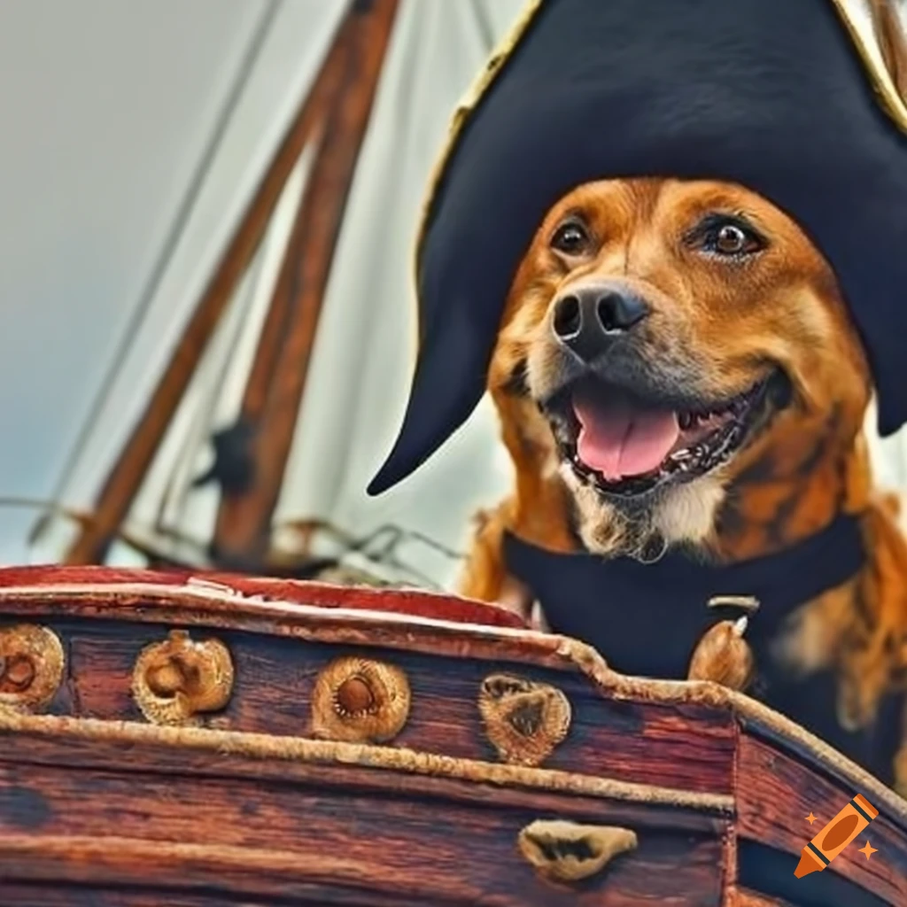 Dog wearing a pirate hat on a pirate ship on Craiyon