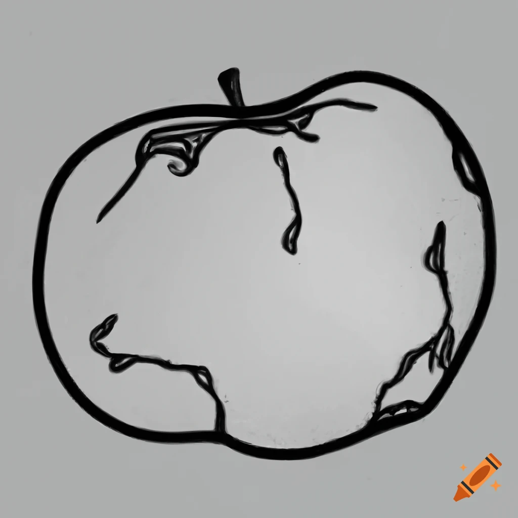 Minimalistic black and white drawing of a decaying apple