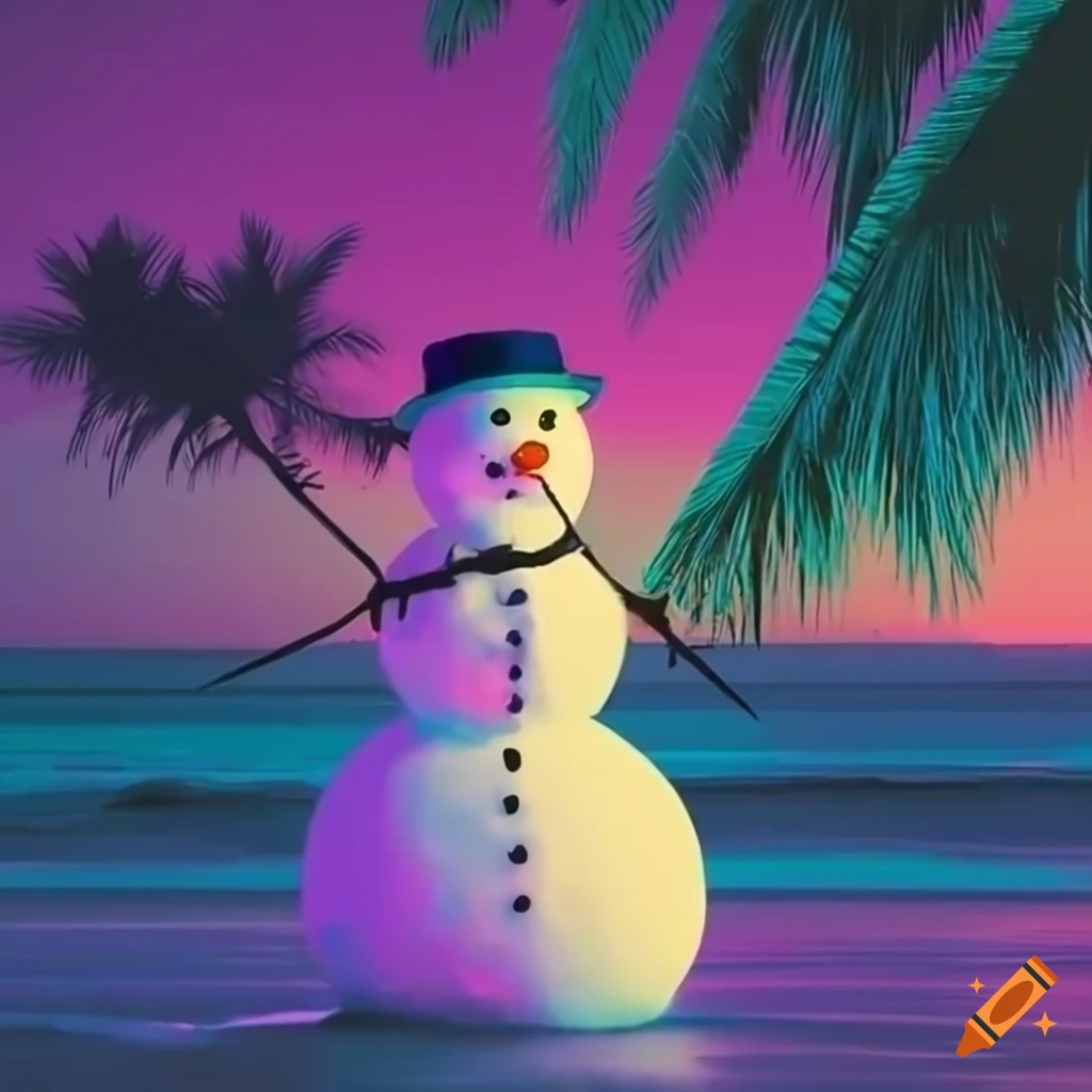 Cheerful snowman on a tropical beach at sunset