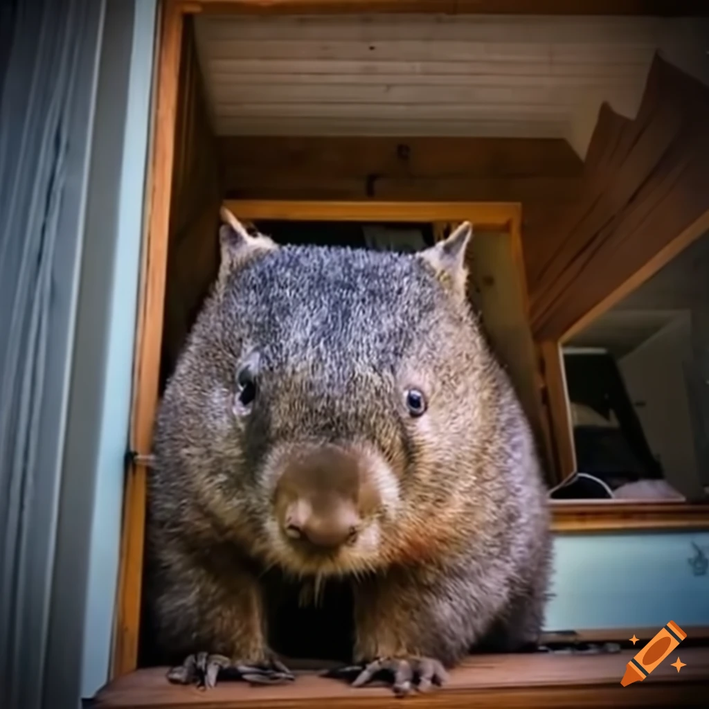 Funny image of a giant wombat in a small house
