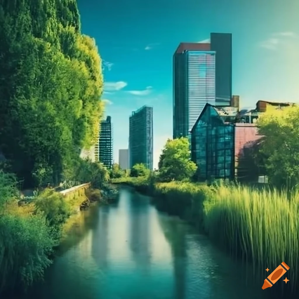 Green cityscape with a small waterway