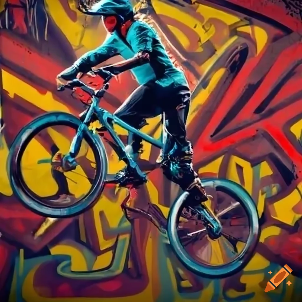 Graffiti style mountain biker doing a wheelie on Craiyon