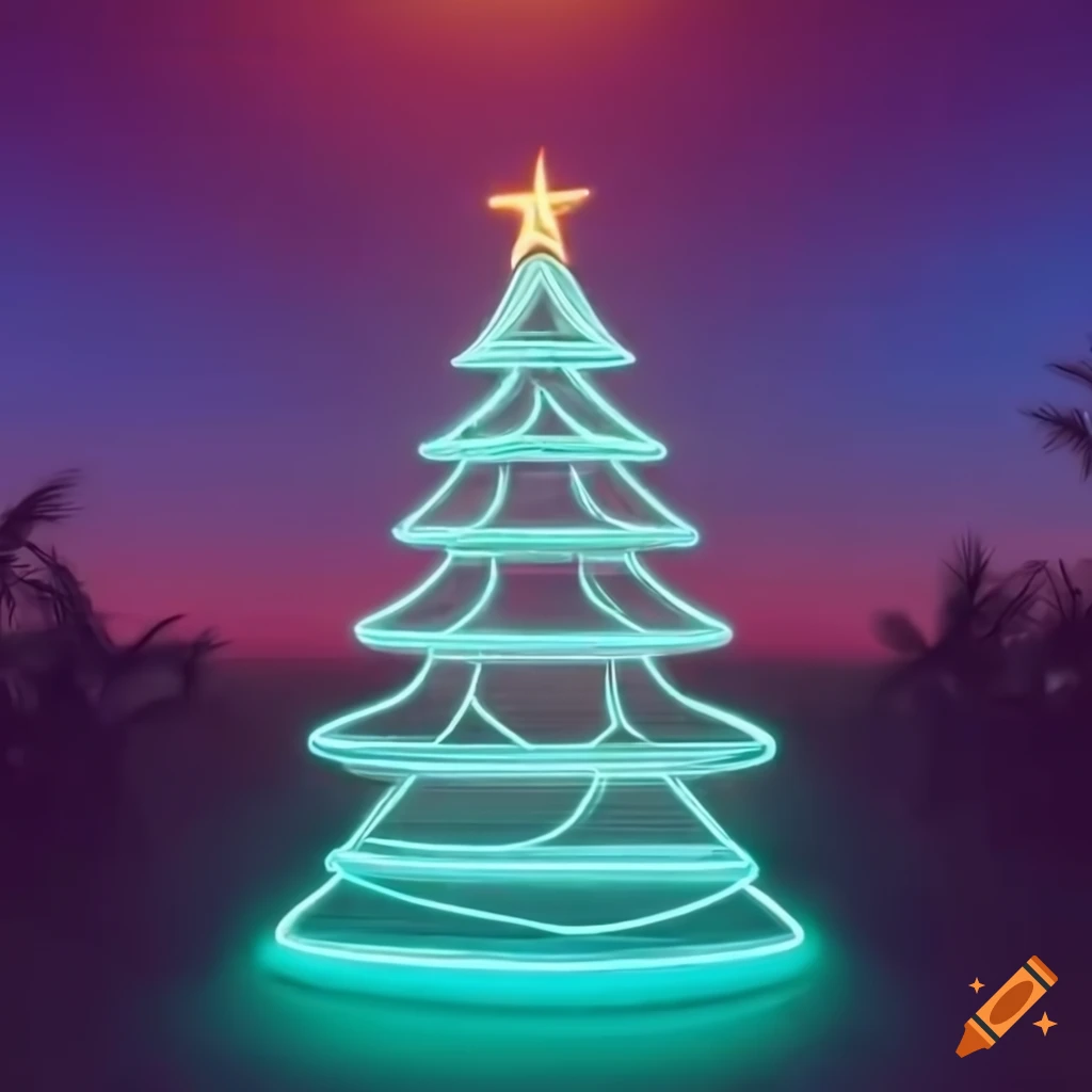 Neon christmas tree against a vibrant synthwave sunset on Craiyon