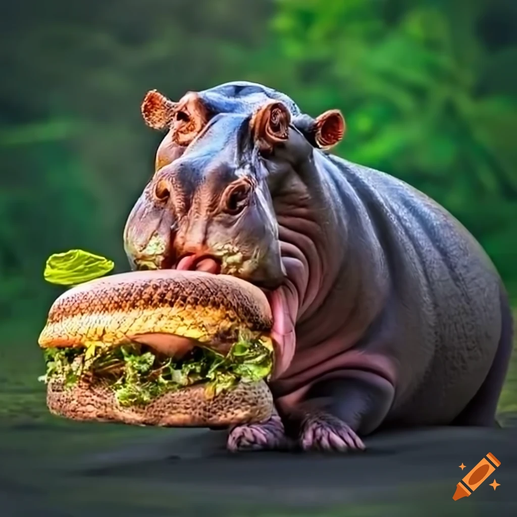 Hippo eating an anaconda with fast food