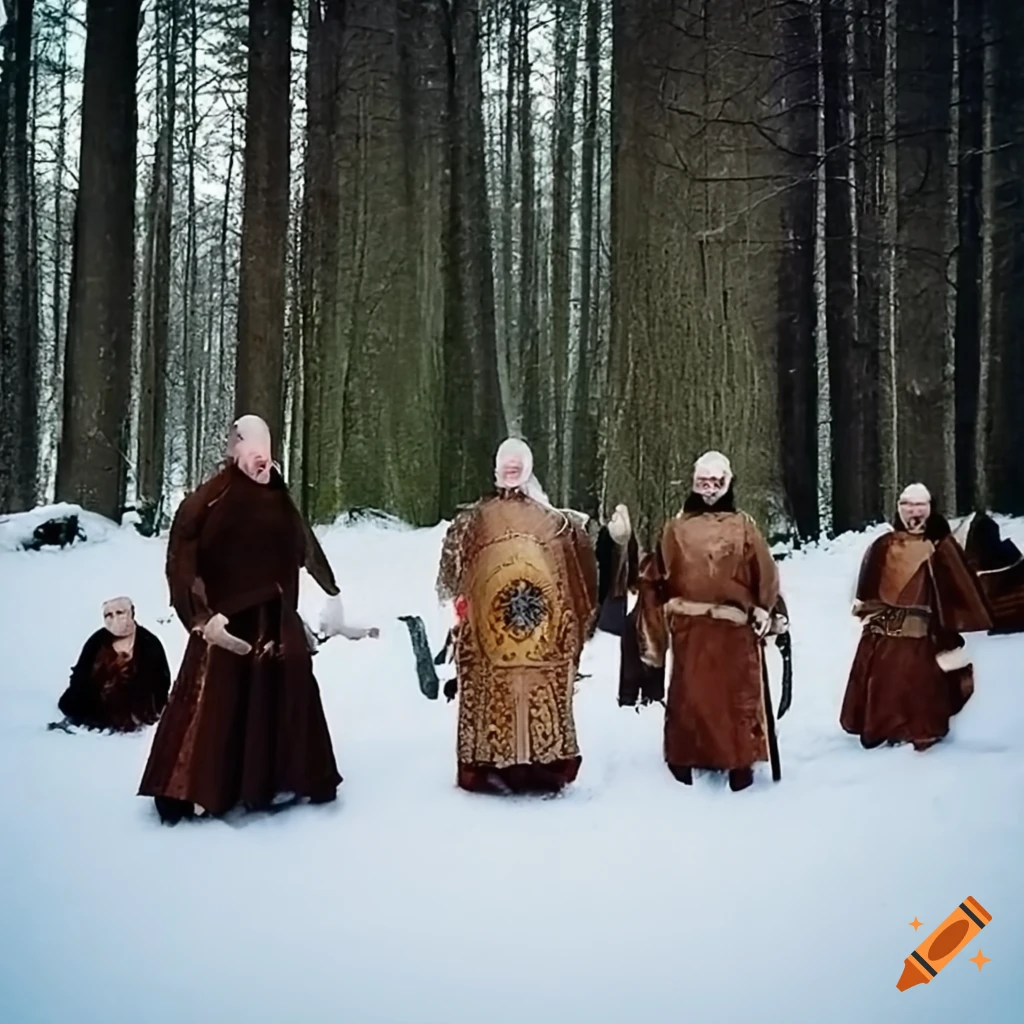 Group of viking priests in snowy forest