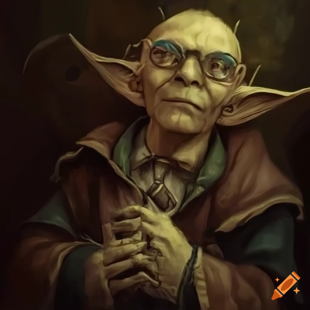 Character art of an intelligent male goblin with glasses on Craiyon