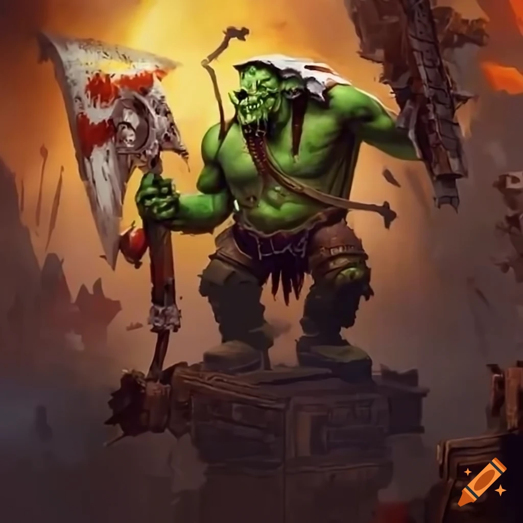 Warhammer 40k image of an ork holding a banner on Craiyon