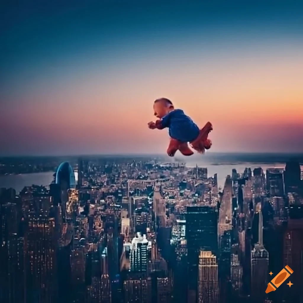 Smiling baby flying over nyc