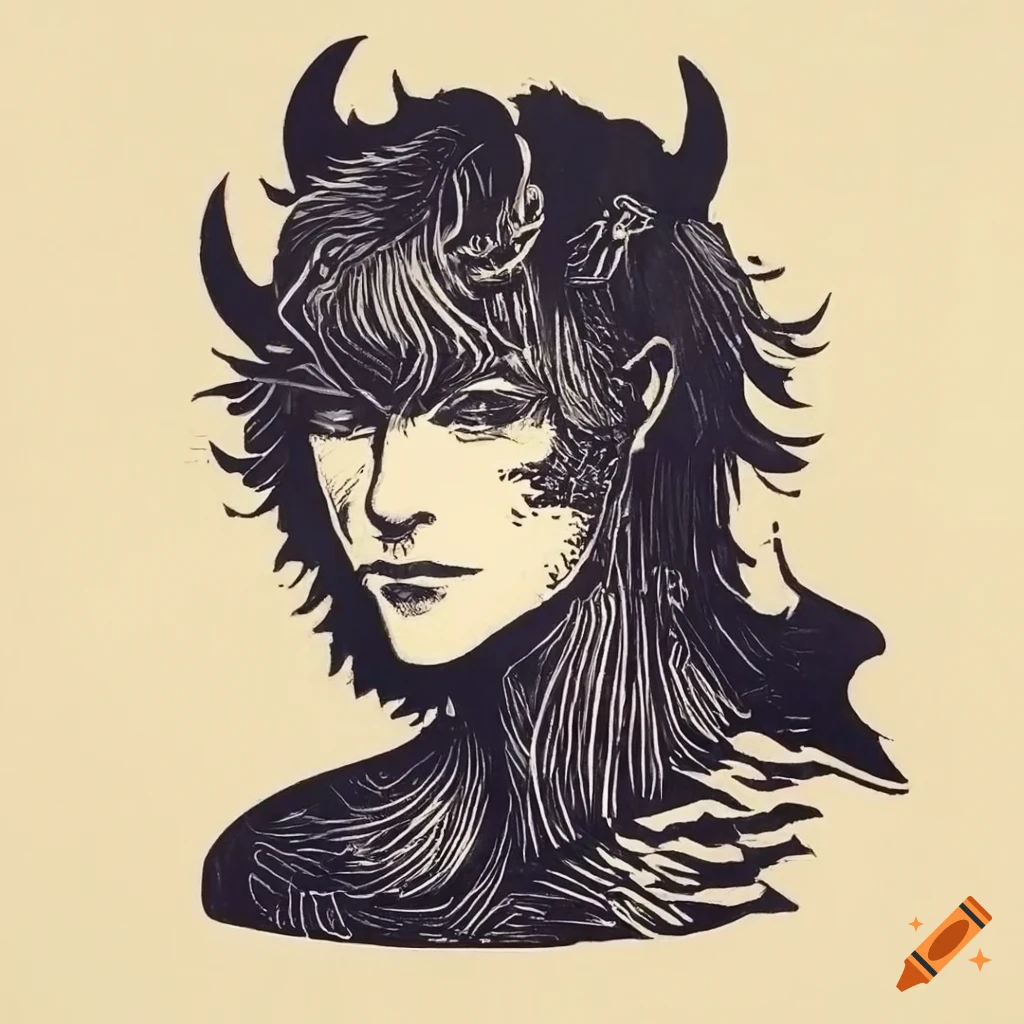 Linocut artwork of a handsome and swift demon prince