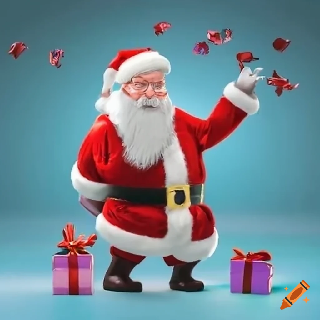 Funny santa claus with lots of presents