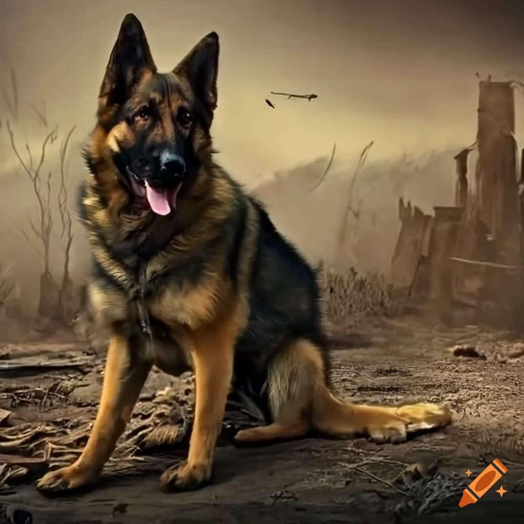 German shepherd in apocalyptic wasteland on Craiyon