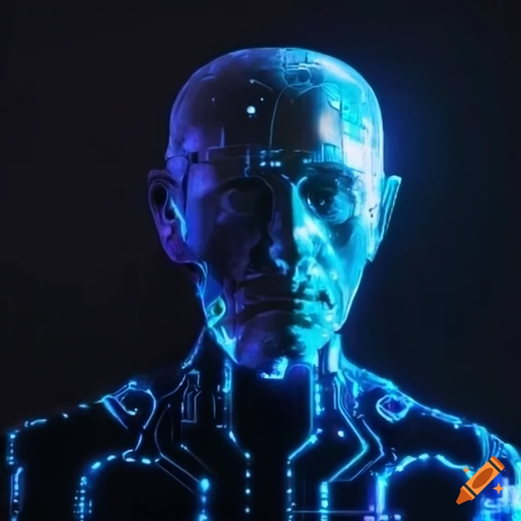 Detailed image of a 1930s male cyborg with silver LED lights on Craiyon